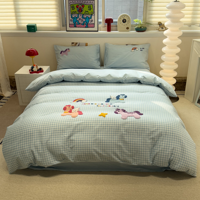 可爱卡通风小马毛巾绣全棉印花被套床单床笠款纯棉儿童床上四件套