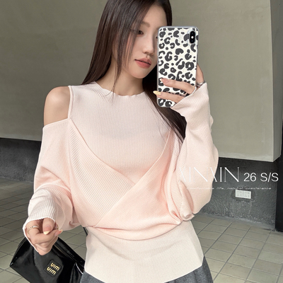 ZY GODDESS-力股韩版气质交叉蝙蝠袖露香肩遮肉显瘦针织衫