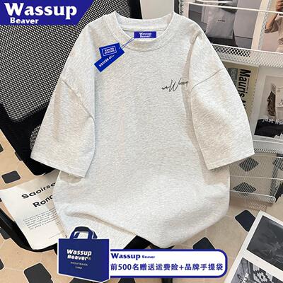 WASSUP BEAVER美式爆款圆领t恤男女字母印花短袖夏季纯棉情侣上衣