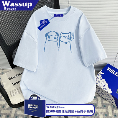 WASSUP BEAVER美式手绘卡通猫狗印花短袖T恤夏季新款男女纯棉上衣