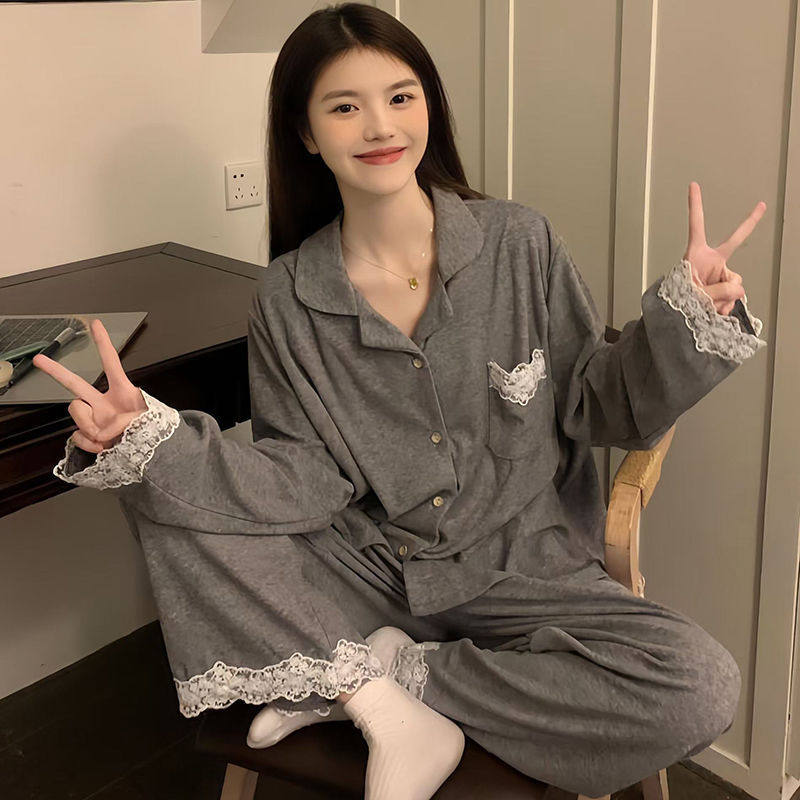 新款100%纯棉睡衣女秋冬季长袖大码韩版女士家居服套装春秋可外穿