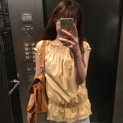 韩国甜美减龄少女风复古日系打揽褶皱松紧领泡泡袖衬衫上衣