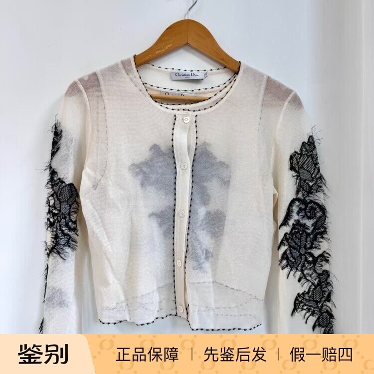 98新 Dior 黑白 玫瑰 蕾丝 针织衫 38码长袖气质优雅毛针织衫女士
