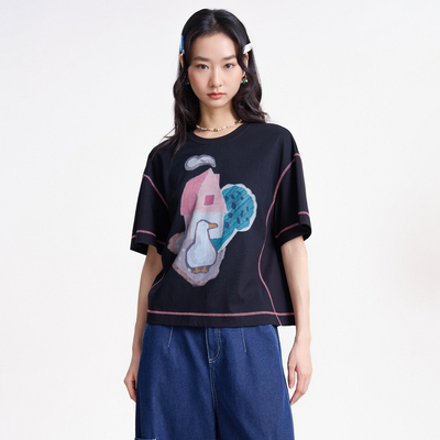 MOVEUP幻走2026春季新款.FUN系列纯棉圆领印花撞色线短款T恤女