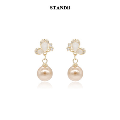 STANDii精致蝴蝶耳饰珍珠耳钉金色耳环轻奢高级感猫眼石耳坠
