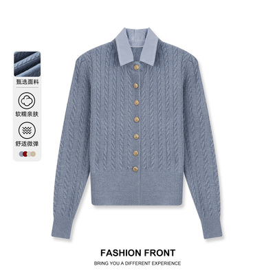 针织开衫polo领假两件气质毛衣