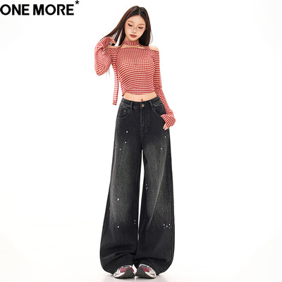 One More高街泼墨复古阔腿牛仔裤女春季2026新款直筒宽松黑色裤子