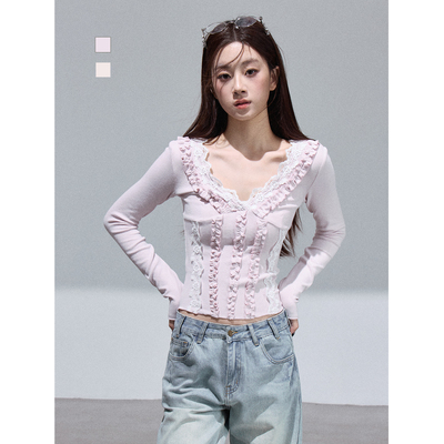 甜美蕾丝拼接T恤女V领木耳边上衣