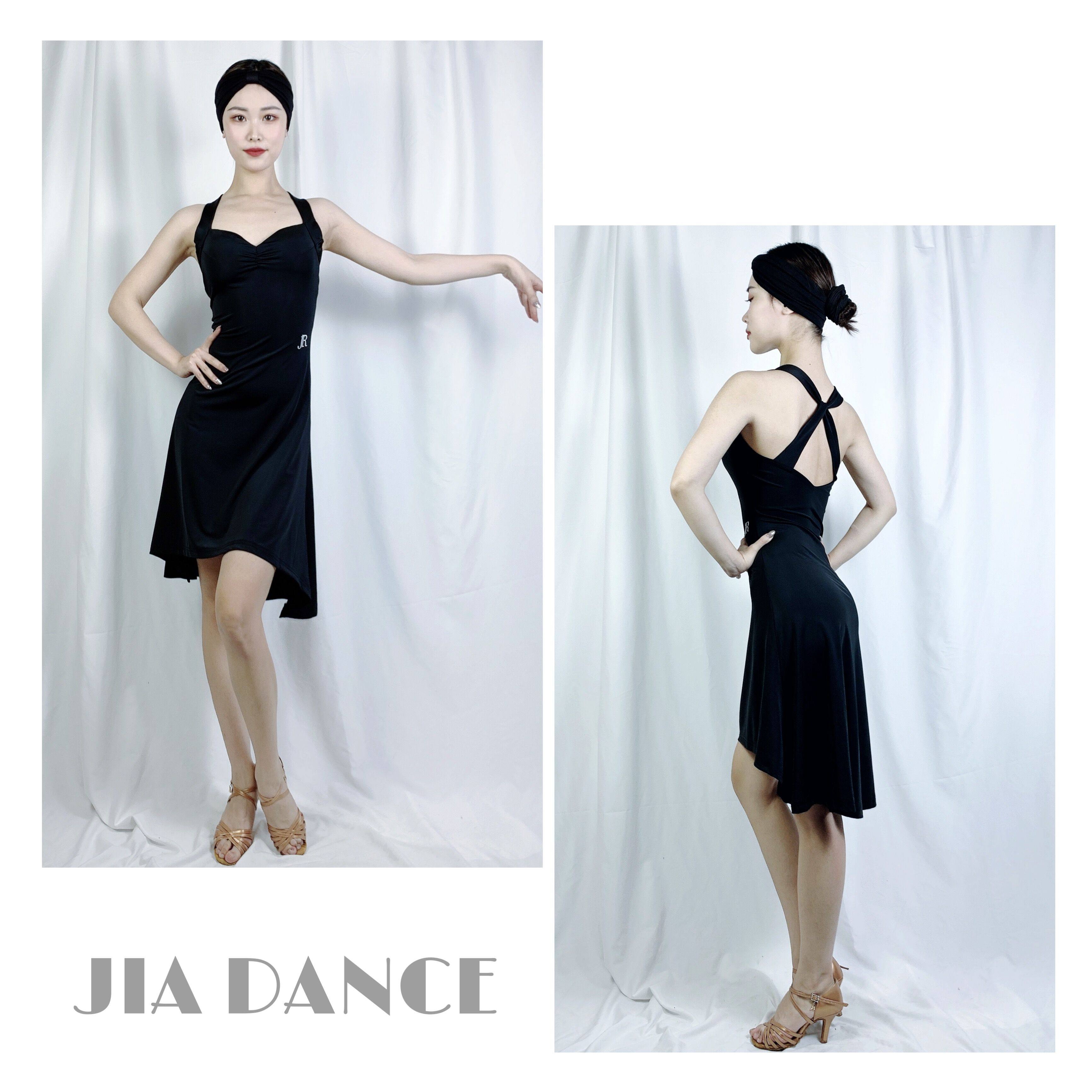 JIA.DANCE拉丁舞新款连衣裙女露背修身表演服前短后长带胸垫R64_虎窝淘