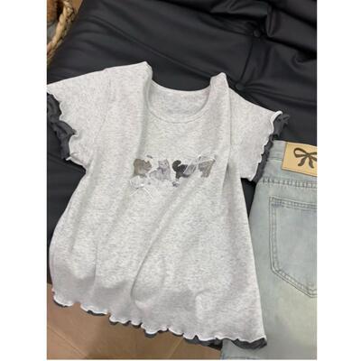 夏季新款修身显瘦短袖T恤女可爱小猫印花蝴蝶结小个子拼接上衣