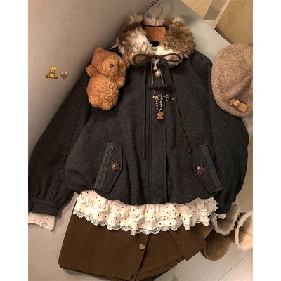 没事复古毛领棉服加厚毛呢外套