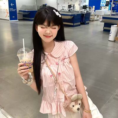 娃娃短袖粉色衬衫夏季条纹蝴蝶结衬衣学院甜美减龄可爱显瘦上衣
