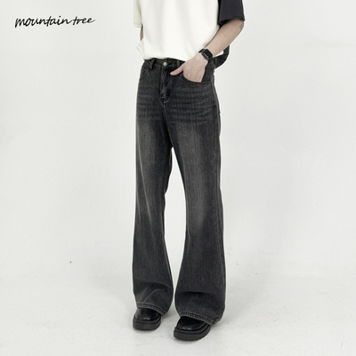 mountain tree高盎司cleanfit竹节提花百搭复古水洗黑灰微喇黑牛