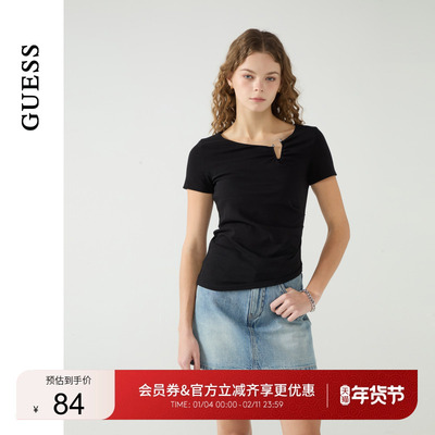GUESS女士金属开口显瘦纯欲抽褶正肩T恤-W5PP79K2Q40
