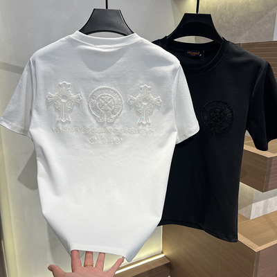 2025夏季男士新款时尚圆领T恤休闲简约刺绣百搭短袖轻奢潮服男装