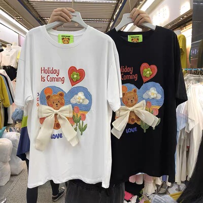 短袖韩版蝴蝶结立体棉女中长款