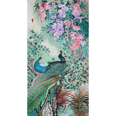 特价手绘无款六尺紫藤孔雀花鸟国画客厅竖幅玄关装饰字画RD60401