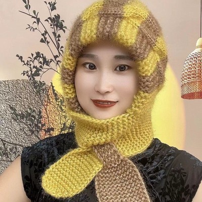 帽子围巾一体女冬2025新款编织棋盘围脖风雪帽保暖针织毛线帽加厚