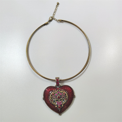 Vintage中古法国品牌IKITA打标复古酒红爱心坠短款项圈项链女