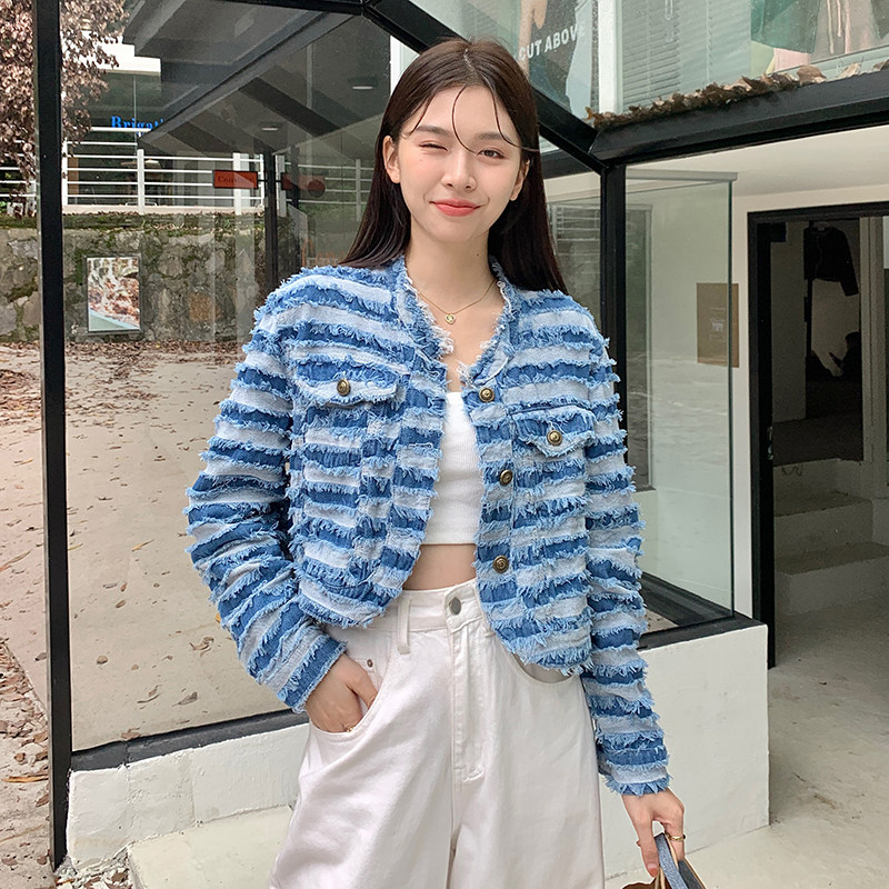 实拍气质高级感毛边条纹牛仔短外套女2023秋新款小众宽松百搭上衣