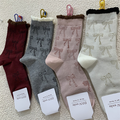 蝴蝶结设计东大门木耳边中筒袜