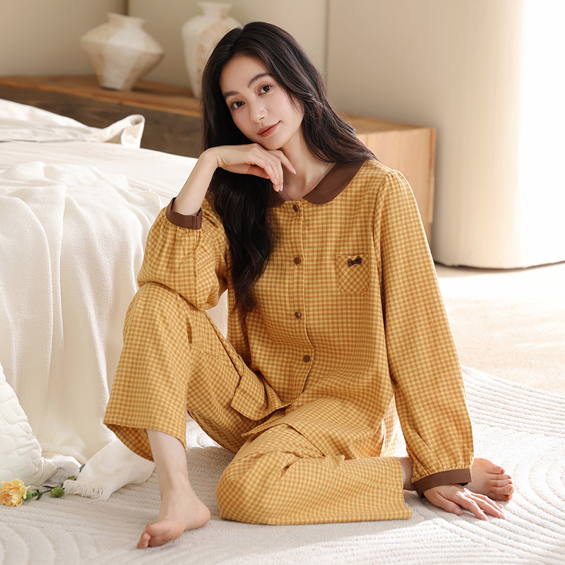 2026新款睡衣女春秋款梭织纯棉长袖全棉大码格子妈妈高级感家居服