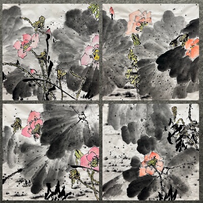 50X50CM精品装饰国画纯手绘花鸟字画三尺斗方荷花AA6010201-13