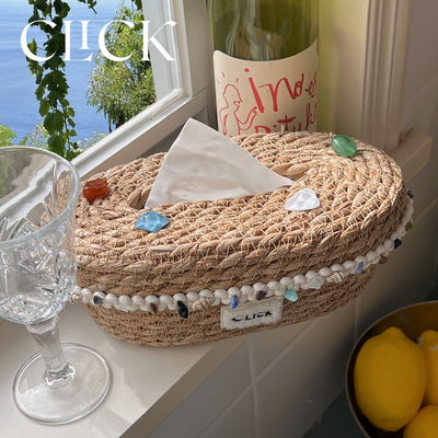 click天然草编织纸巾桌面收纳盒