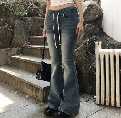 Shawne 25s春新韩国正品代购 Y2K微喇叭水洗磨白弹力显瘦牛仔裤