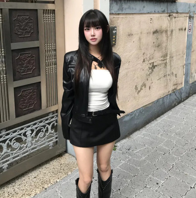 Shawne 25s秋新韩国正品代购 小众搭扣设计拉链显瘦复古长袖皮衣