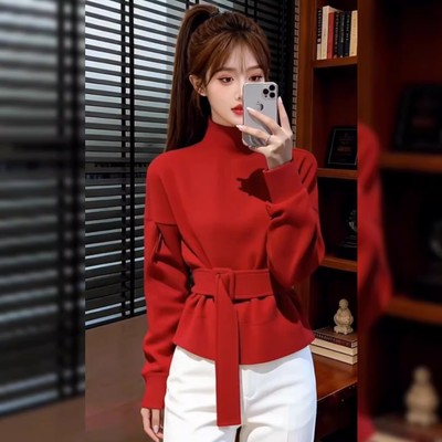 春季韩版红高领加绒收腰卫衣女
