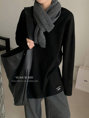 元熙家8320秋冬圆领加绒加厚长袖T恤女宽松大版中长款打底衫上衣