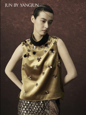 JUNYANG 25AW秋醉涟漪中式高领上衣女新中式复古百搭珠片无袖背心