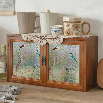 新中式花鸟翠竹海棠磨砂静电窗贴