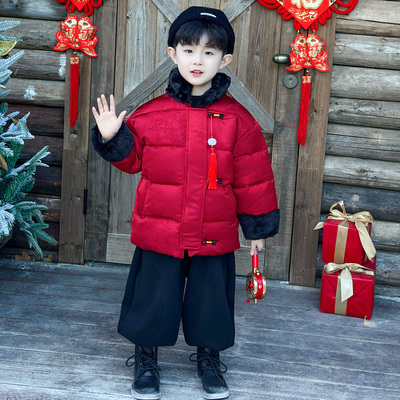 拜年服儿童新中式棉服汉服男童唐装红色羽绒棉衣加绒新年冬装宝宝
