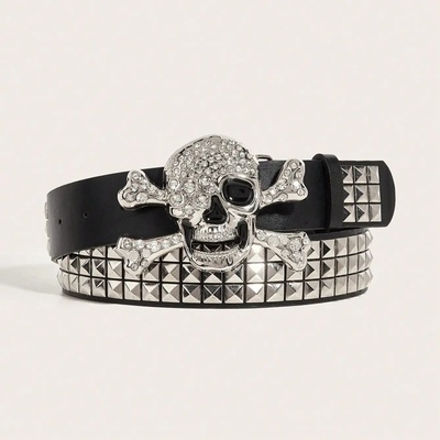 1pc Men's dark punk skull buckle rivet belt jeans versatile