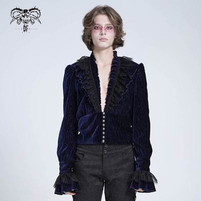 Devil Fashion恶魔时尚哥特暗黑男装蕾丝V领衬衫短款衬衣SHT13302