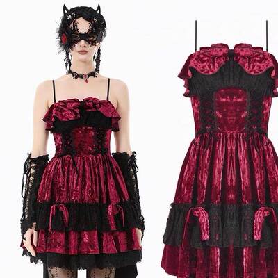 DARK IN LOVE哥特女装红色天鹅绒洛丽塔风格连衣裙 DW1129