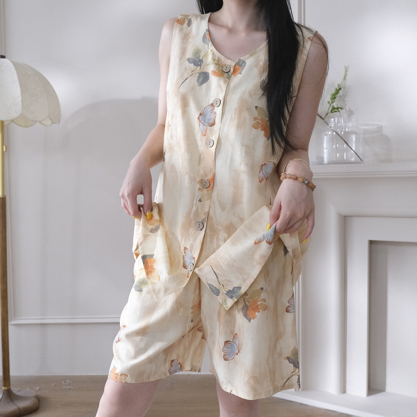女士夏天睡衣套装成人棉绸无袖短裤绵绸开衫人造棉空调服夏季薄款