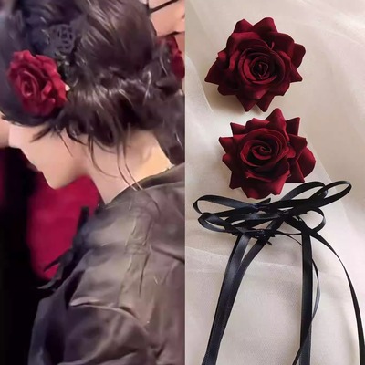 迪丽热巴暗夜红玫瑰发夹编发头饰