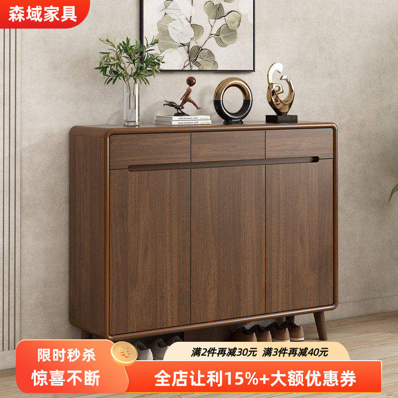 中式鞋柜入户室内玄关家用门口大容量楼道外隔断柜子实木框胡桃色