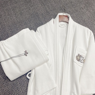 五星级酒店浴裙刺绣浴袍女毛巾料纯棉柔软吸水长浴衣bathrobe睡袍