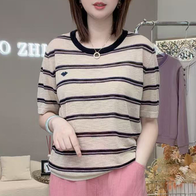 随心穿亚麻T！26夏季天丝亚麻条纹针织衫宽松百搭短袖T恤女A8191