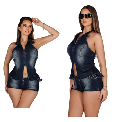 women sexy jeans vest+short 露背无袖短裤套装欧美弹力牛仔套装