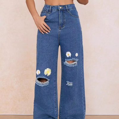 欧美雏菊刺绣破洞宽松阔腿牛仔长裤女 JEANS women pants loose