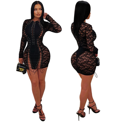 2026欧美风蕾丝透视性感辣妹夜店连衣裙women sexy dress bandage