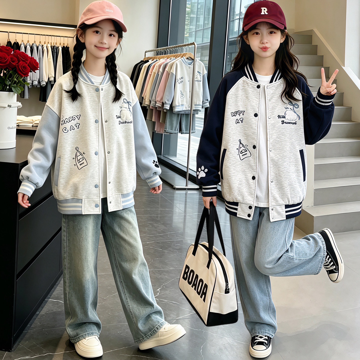 女童外套2026秋季新款中大童棒球服儿童女孩洋气开衫卫衣牛仔裤潮