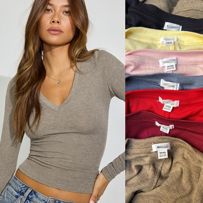 Morningoolala Serene Deep V-Neck Long Sleeve 螺纹V领弹力长袖