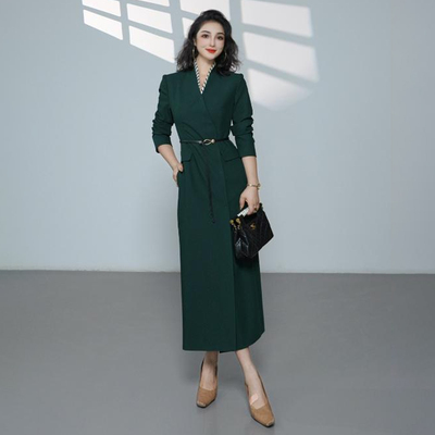 高端职业连衣裙女秋季气质收腰长袖裙子职业播音主持人正装连衣裙