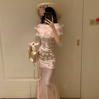 GeGe Shop 粉色套装法式荷叶边露肩碎花拼接上衣长款半身裙